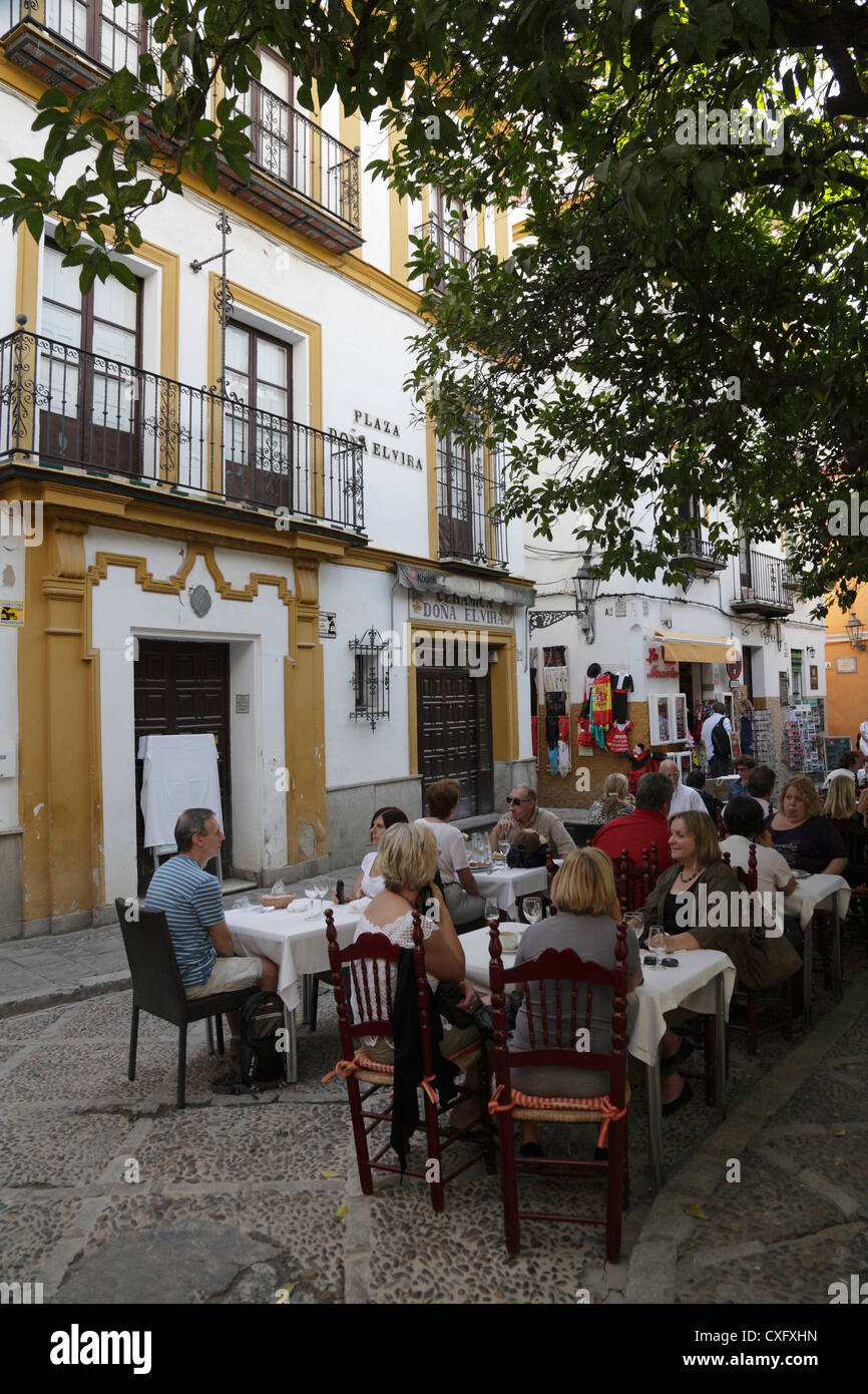 Pavement restaurant in the central old quarter of Seville Stock Photo ...