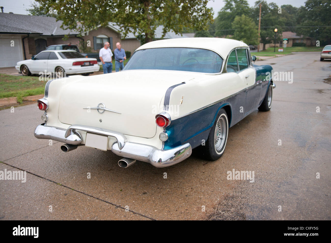 Classical 1955 Pontiac Star Chief two-door automobile. Rear oblique ...
