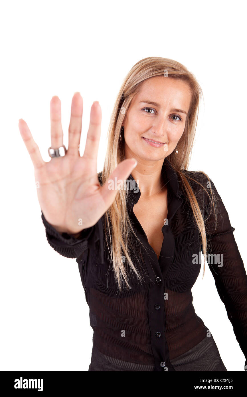 Business woman making stop sign - isolated over white Stock Photo - Alamy