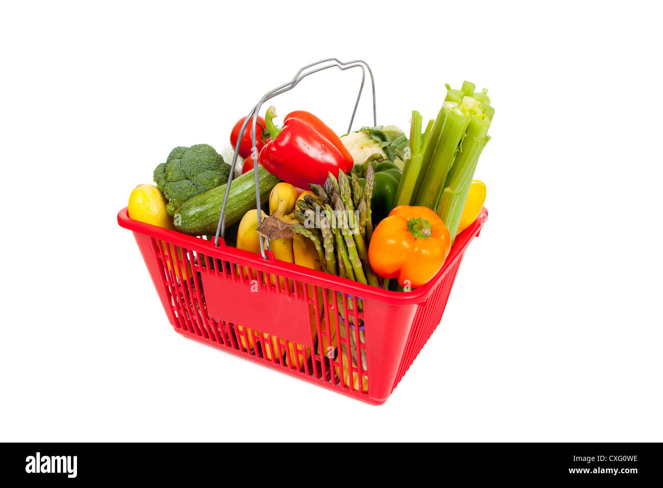 Red grocery basket full of fresh vegetables Stock Photo - Alamy