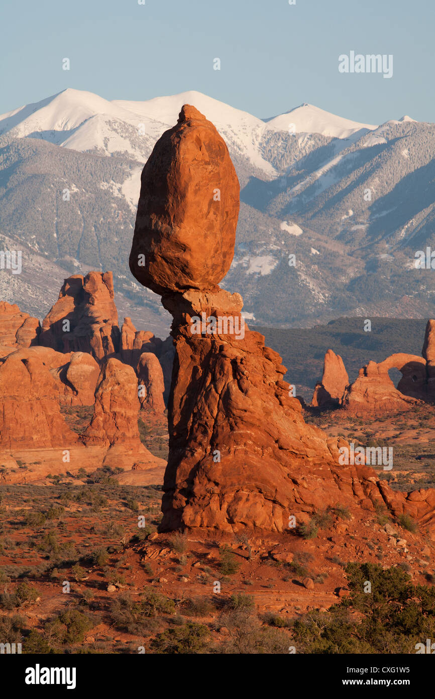 Balanced Rock, a landmark sandstone rock formation with La Sal ...