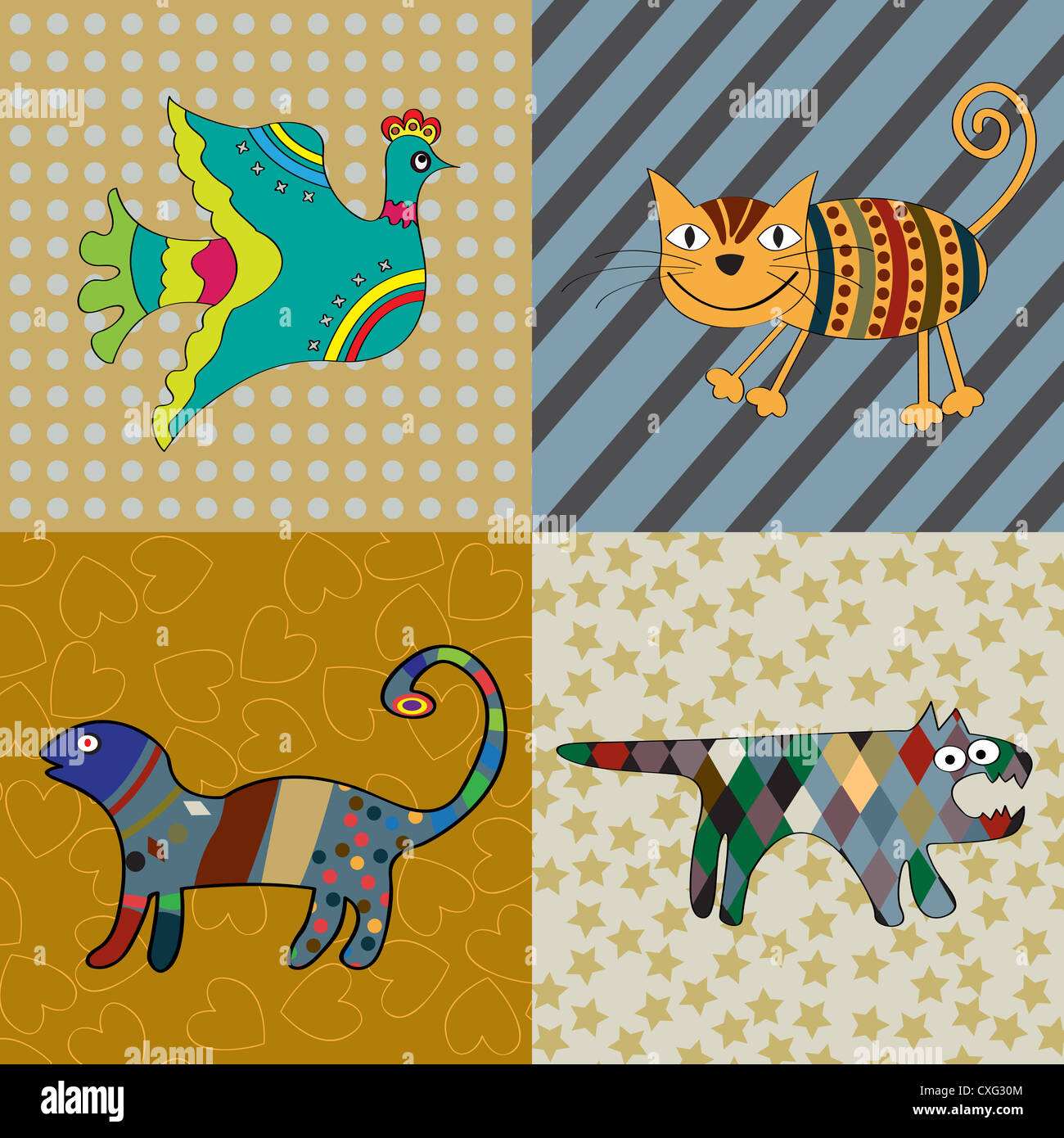 Cute animals naive art illustration Stock Photo - Alamy