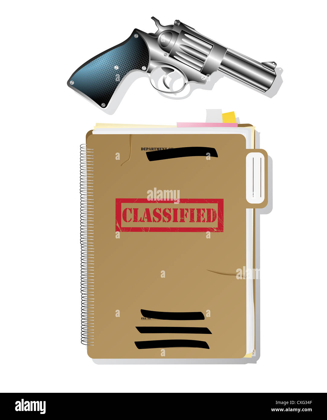 Classified files and revolver, isolated and grouped objects over white ...