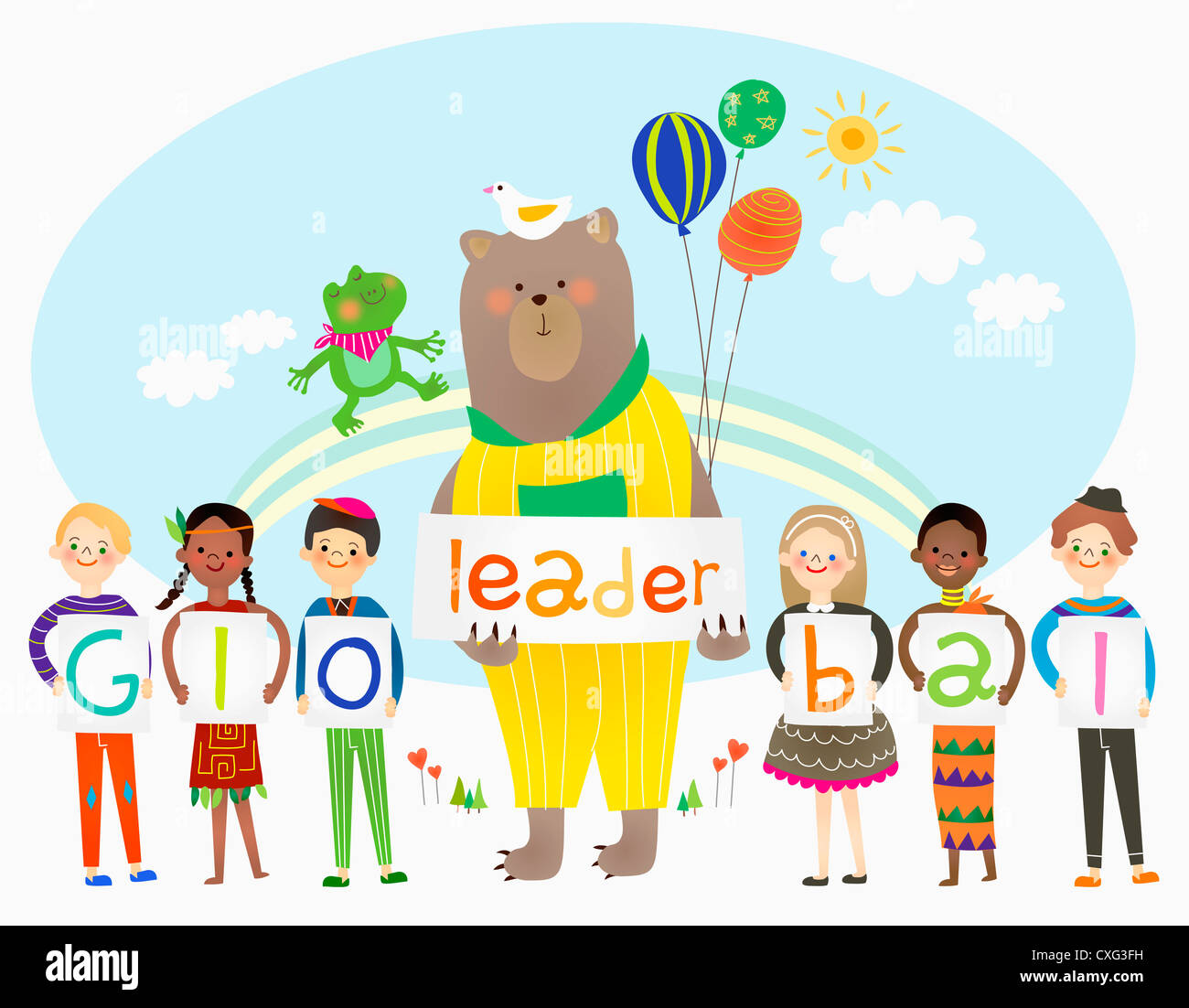 A illustration of kids and a bear holding letters of global leader ...