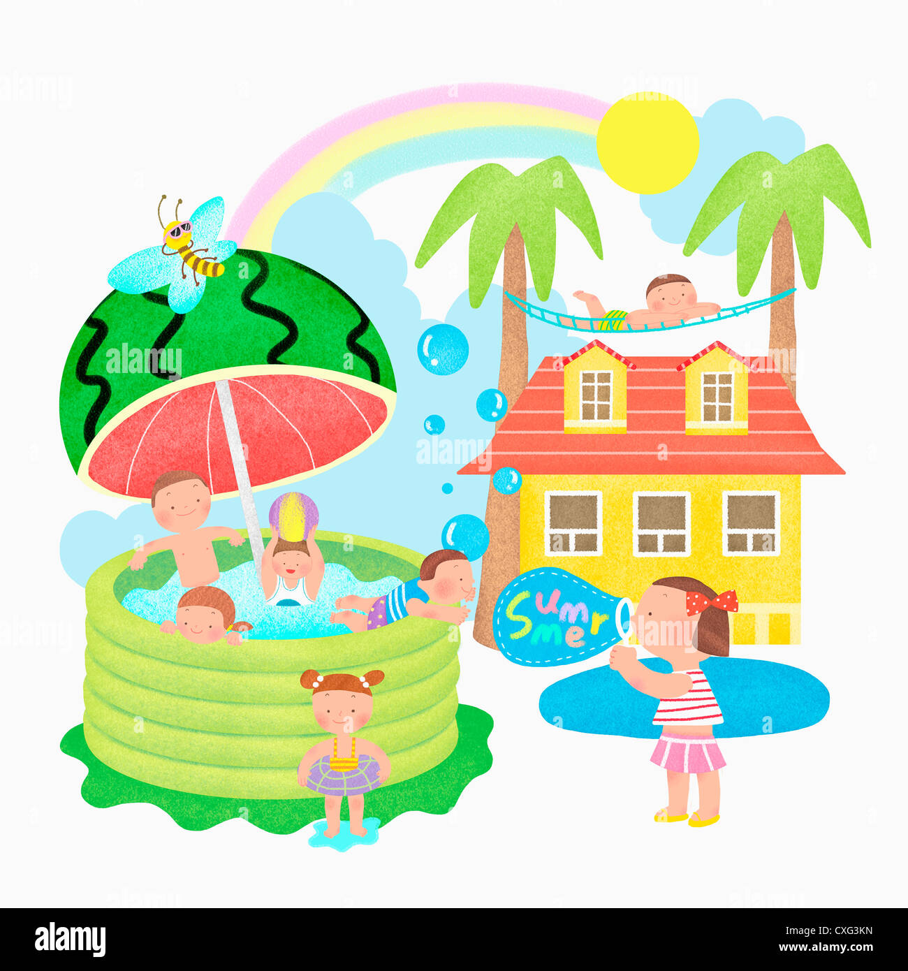 A illustration of people swimming in a inflatable pool Stock Photo - Alamy