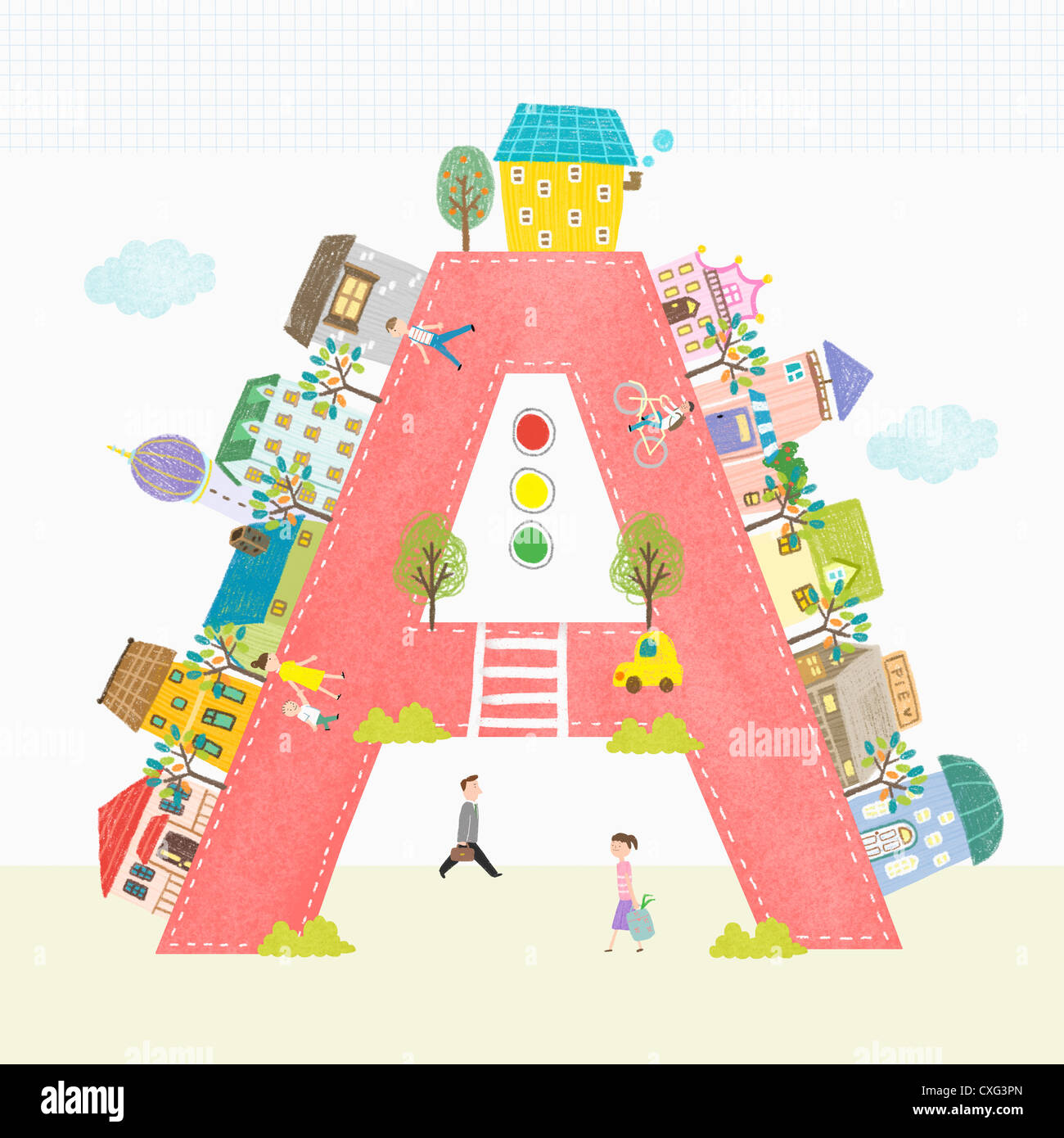 A illustration of a town on letter A Stock Photo - Alamy