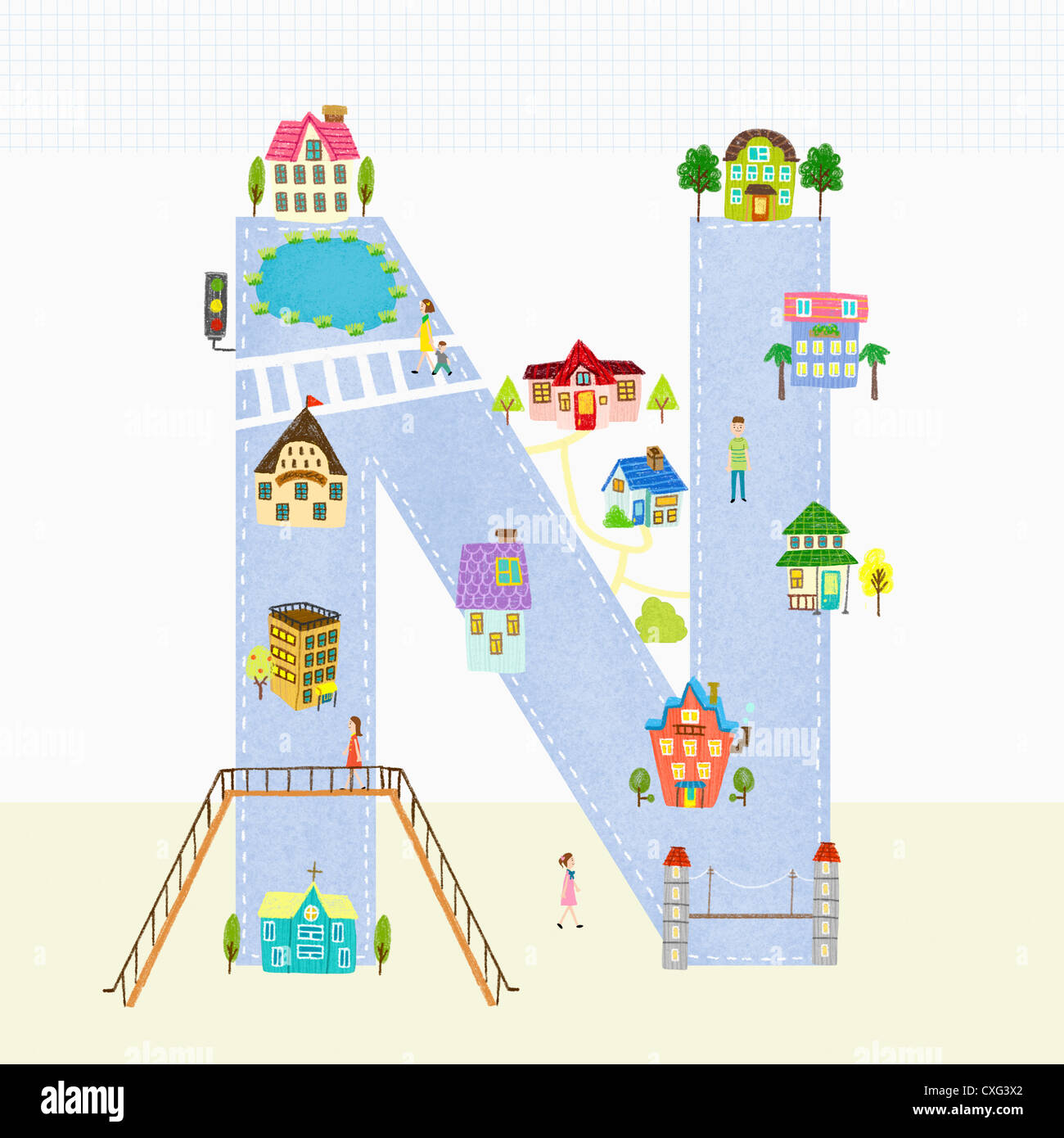 A illustration of a town on letter N Stock Photo - Alamy