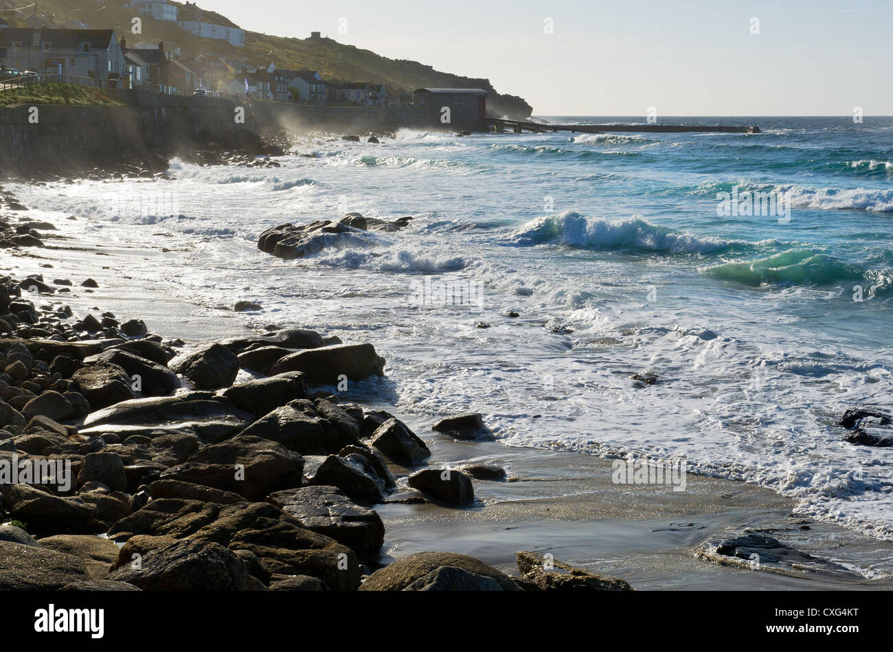 Rough sea at Sennen in Cornwall Stock Photo - Alamy
