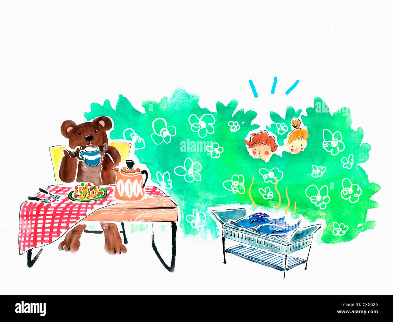 A illustration of a bear eating a breakfast on a camping table Stock ...