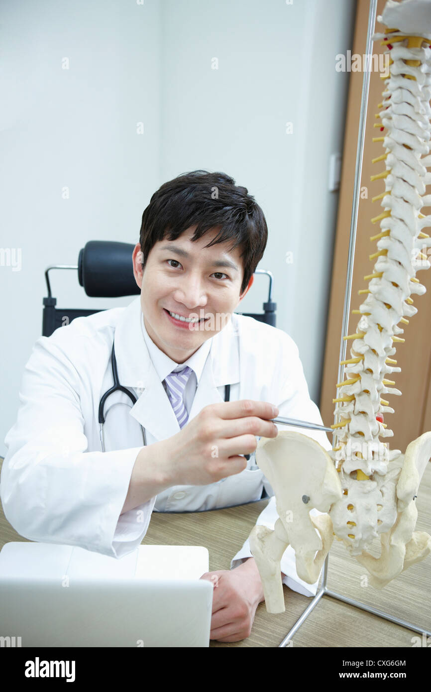 A doctor smiling while pointing at spine model in his office Stock ...