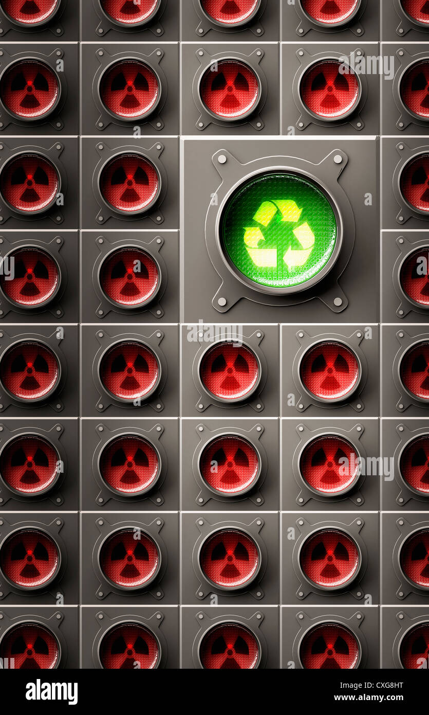 green recycling sign in the middle of danger signs Stock Photo - Alamy