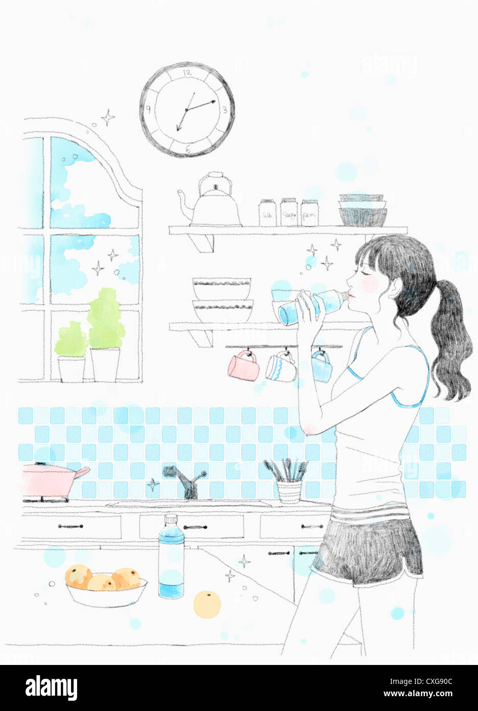 woman drinking water in the kitchen Stock Photo - Alamy