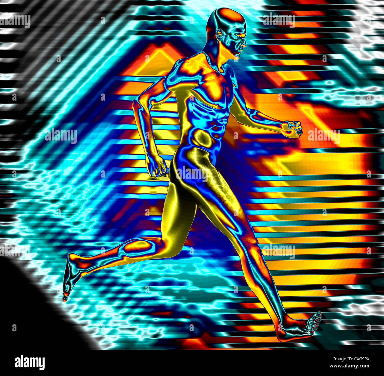 futuristic 3D computer generated bionic male robot running Stock Photo ...