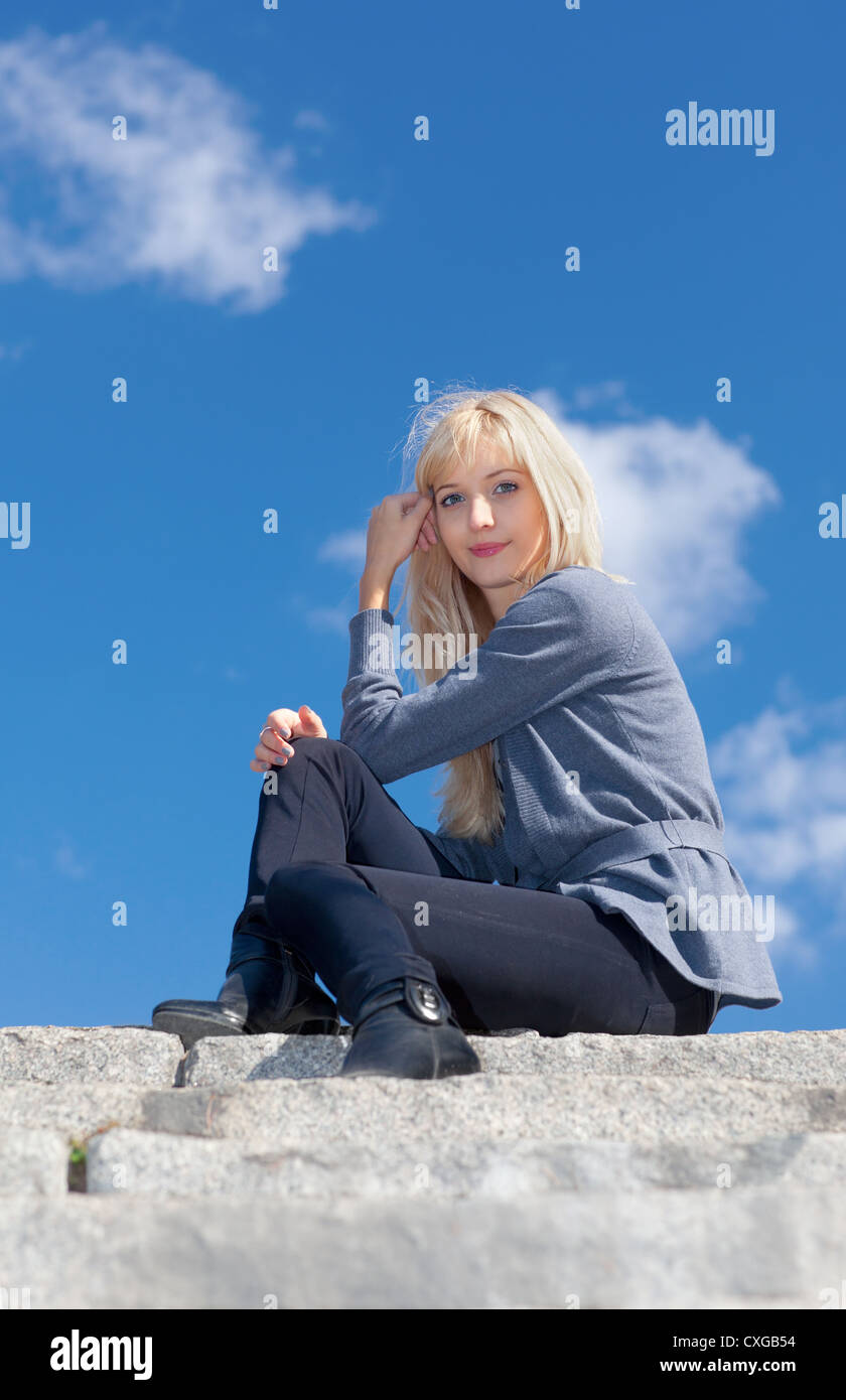 girl on the stone steps Stock Photo - Alamy