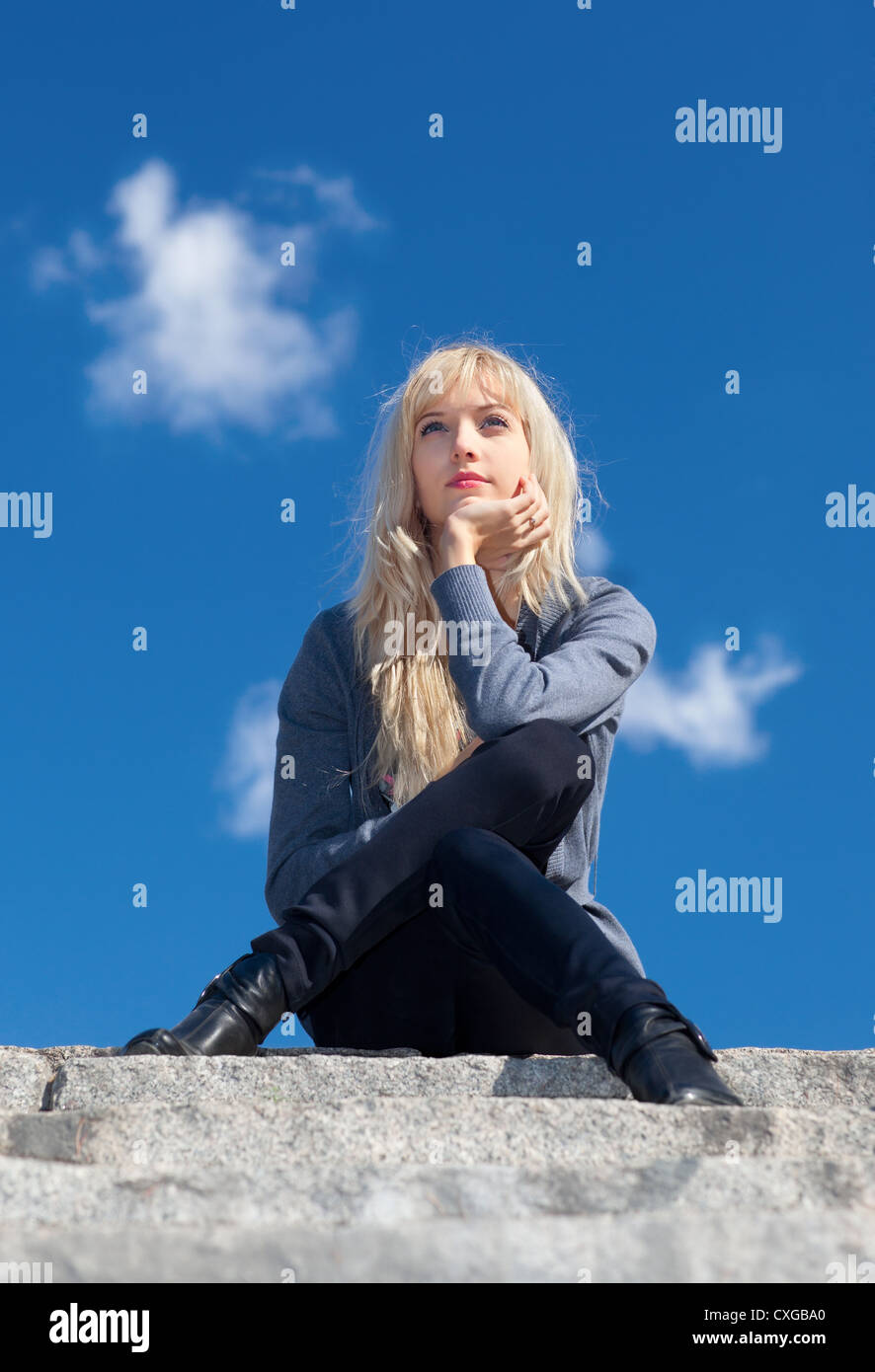 girl on the stone steps Stock Photo - Alamy