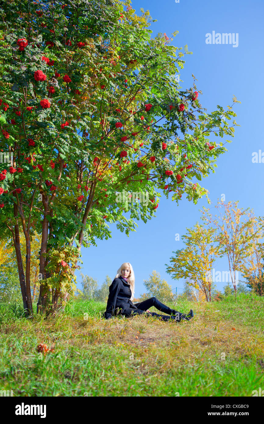 Woman under mountain ash tree Stock Photo - Alamy