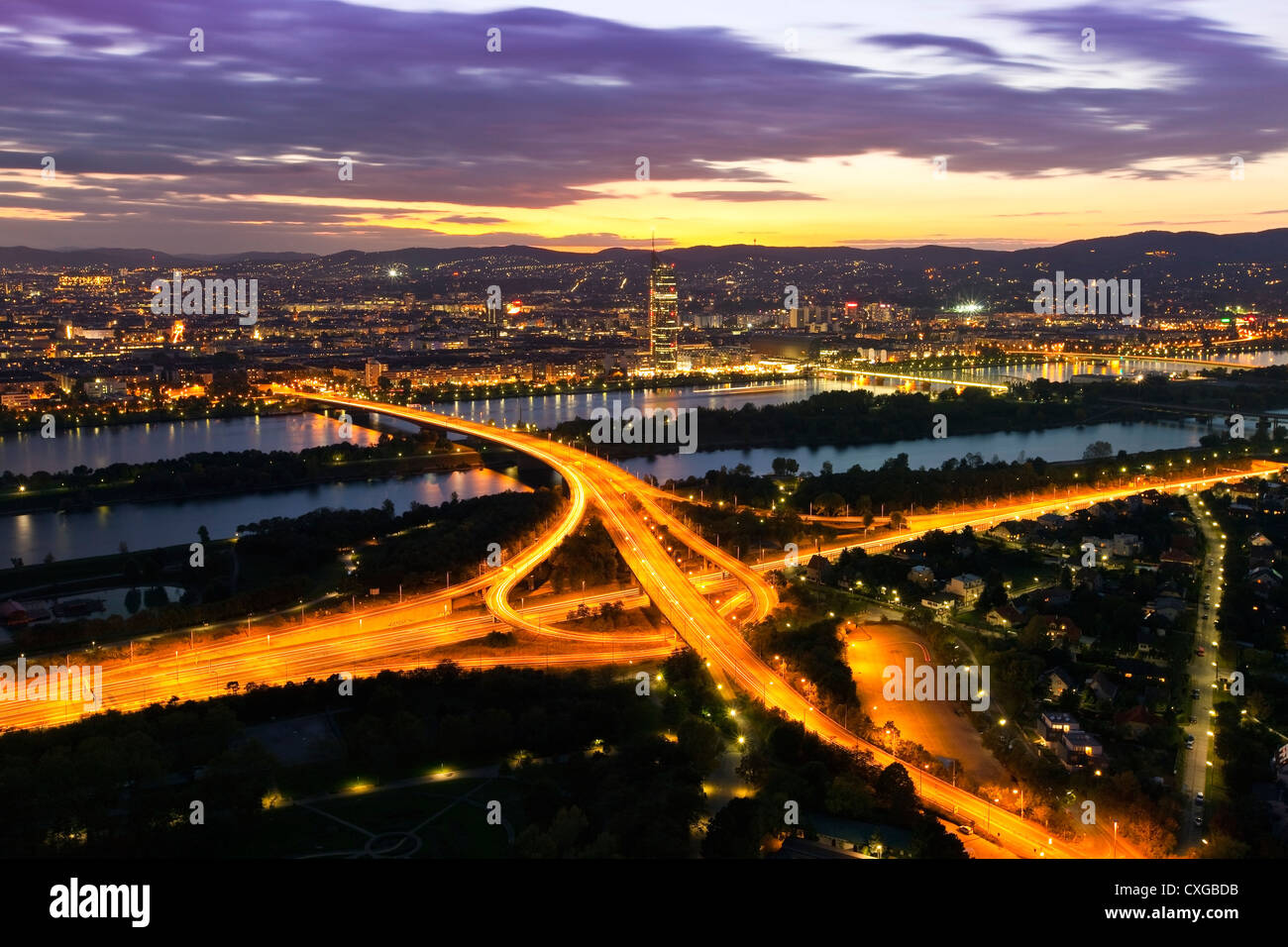 Panorama of Vienna with Danube River & Danube Island and highway ...