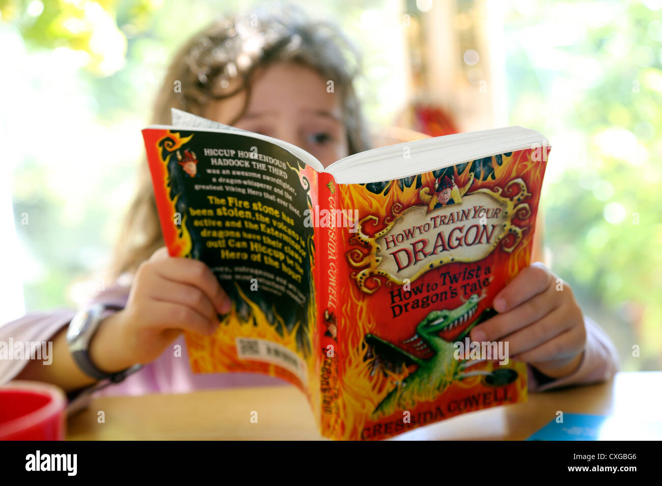 Young Girl Reading Book "How To Train Your Dragon Stock Photo - Alamy