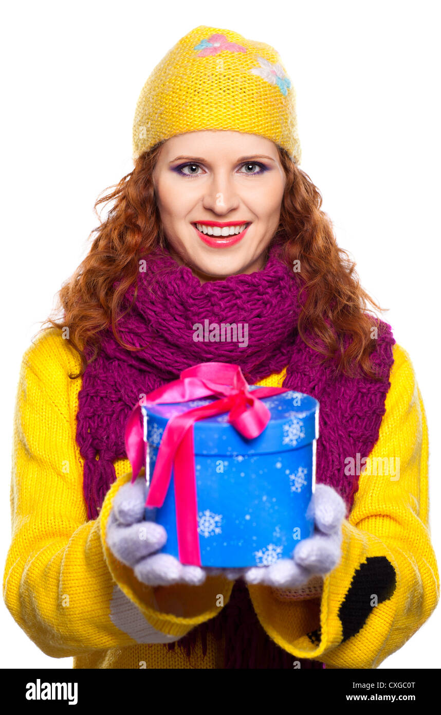 Beautiful happy girl with gift Stock Photo - Alamy