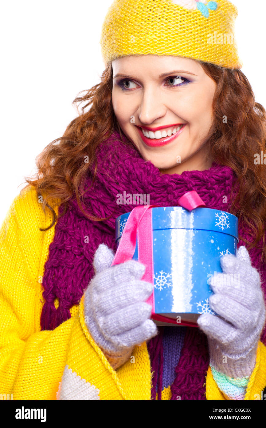 Beautiful happy girl with gift Stock Photo - Alamy