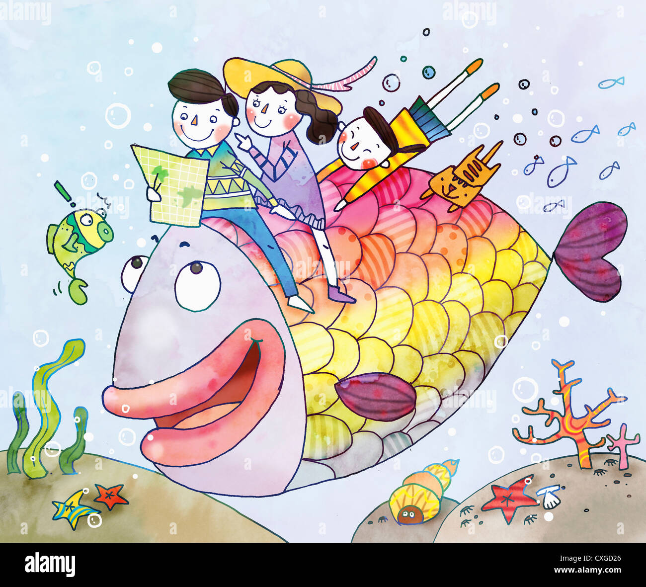 illustration of people sitting on a big fish Stock Photo - Alamy
