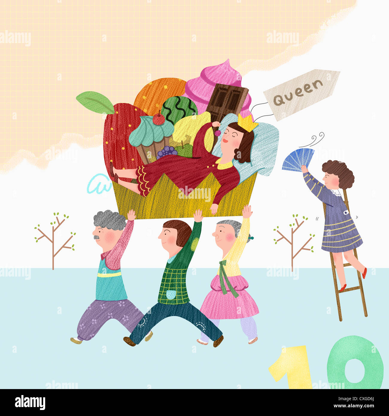 illustration of a family carring a queen together Stock Photo - Alamy