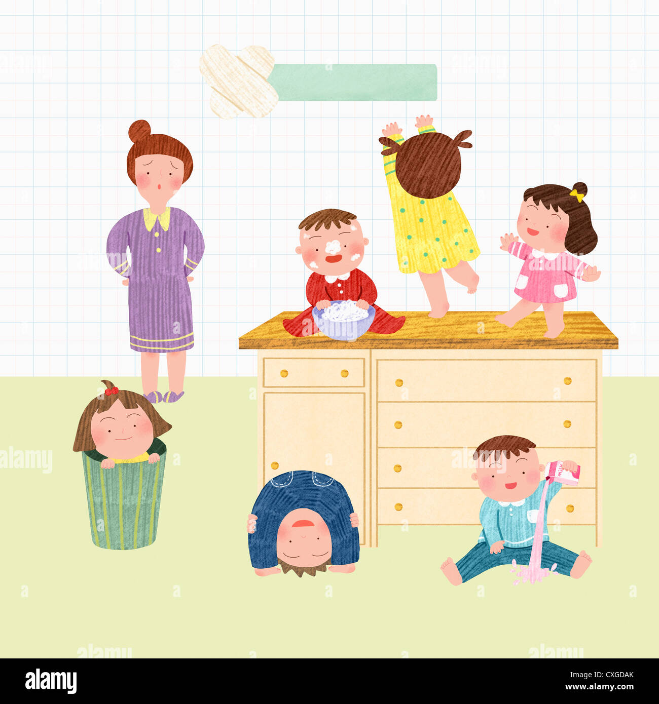 illustration of kids messing up the room Stock Photo - Alamy