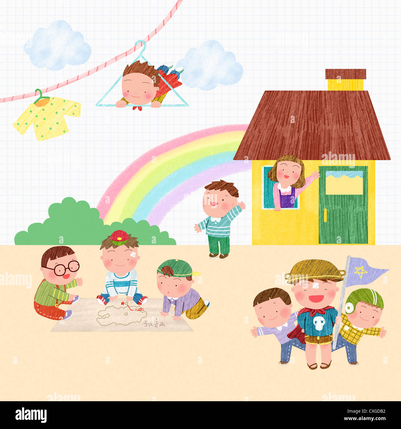 illustration of kids playing outdoor Stock Photo - Alamy