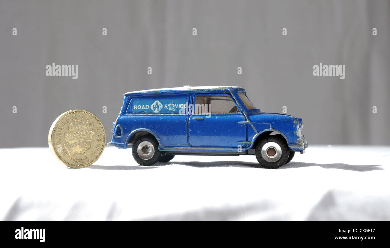 Dinky toy RAC Mini van vehicle against a pound coin to give scale UK ...