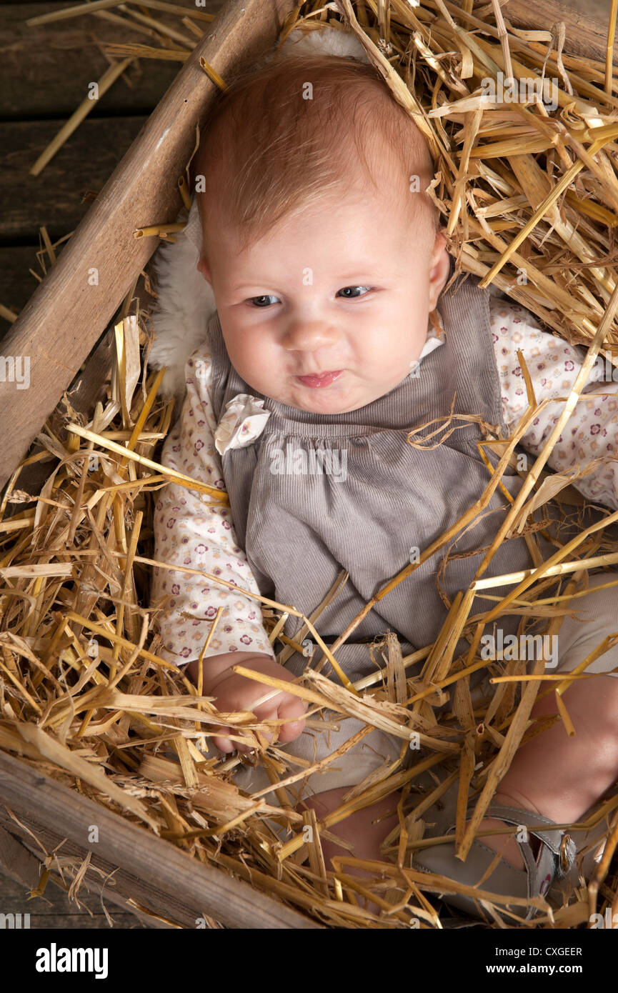 Baby lying in a crate with straw Stock Photo - Alamy