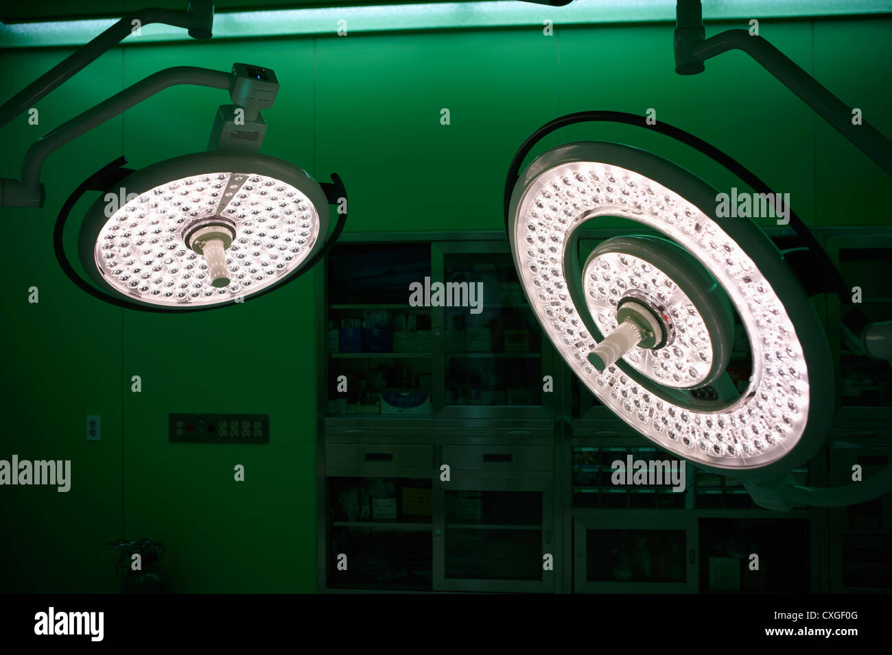 A picture of surgery lights in a green operating room Stock Photo - Alamy