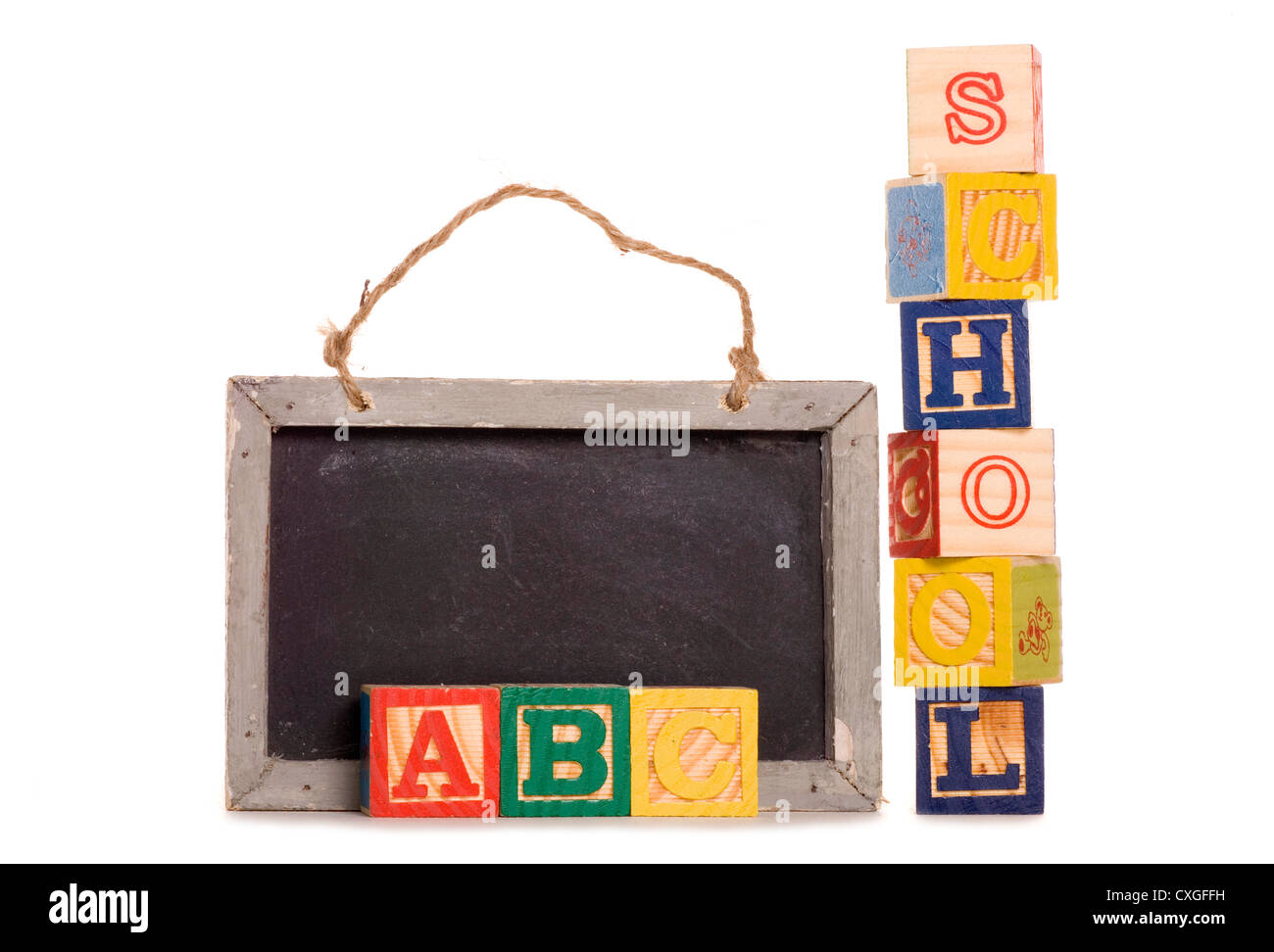 school wooden blocks and black board studio cutout Stock Photo - Alamy