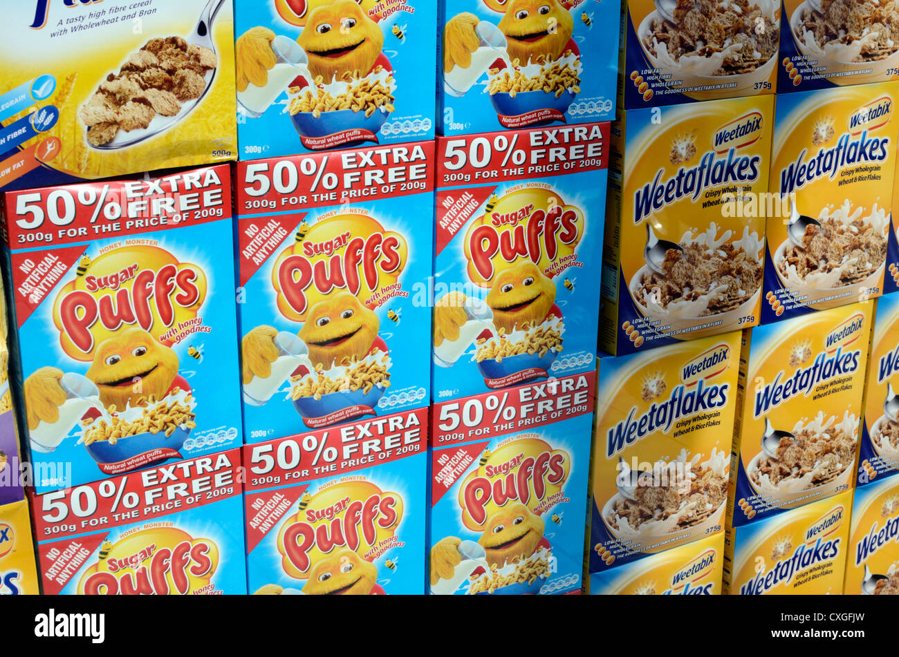 Sugar Puffs and Weetaflakes cereal packets on display in a UK shop ...