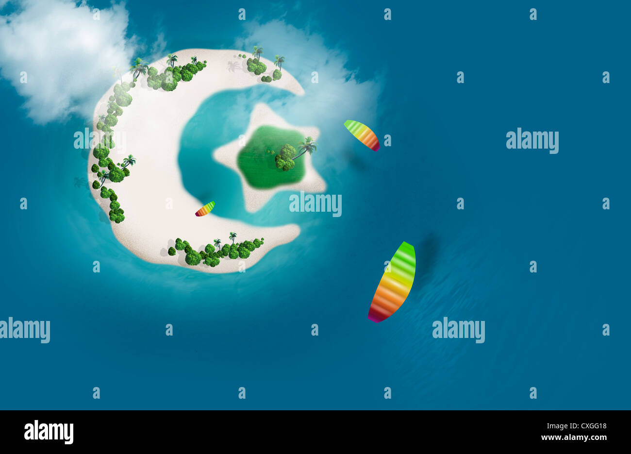 paragliding over the crescent island and star-shaped island in the ...