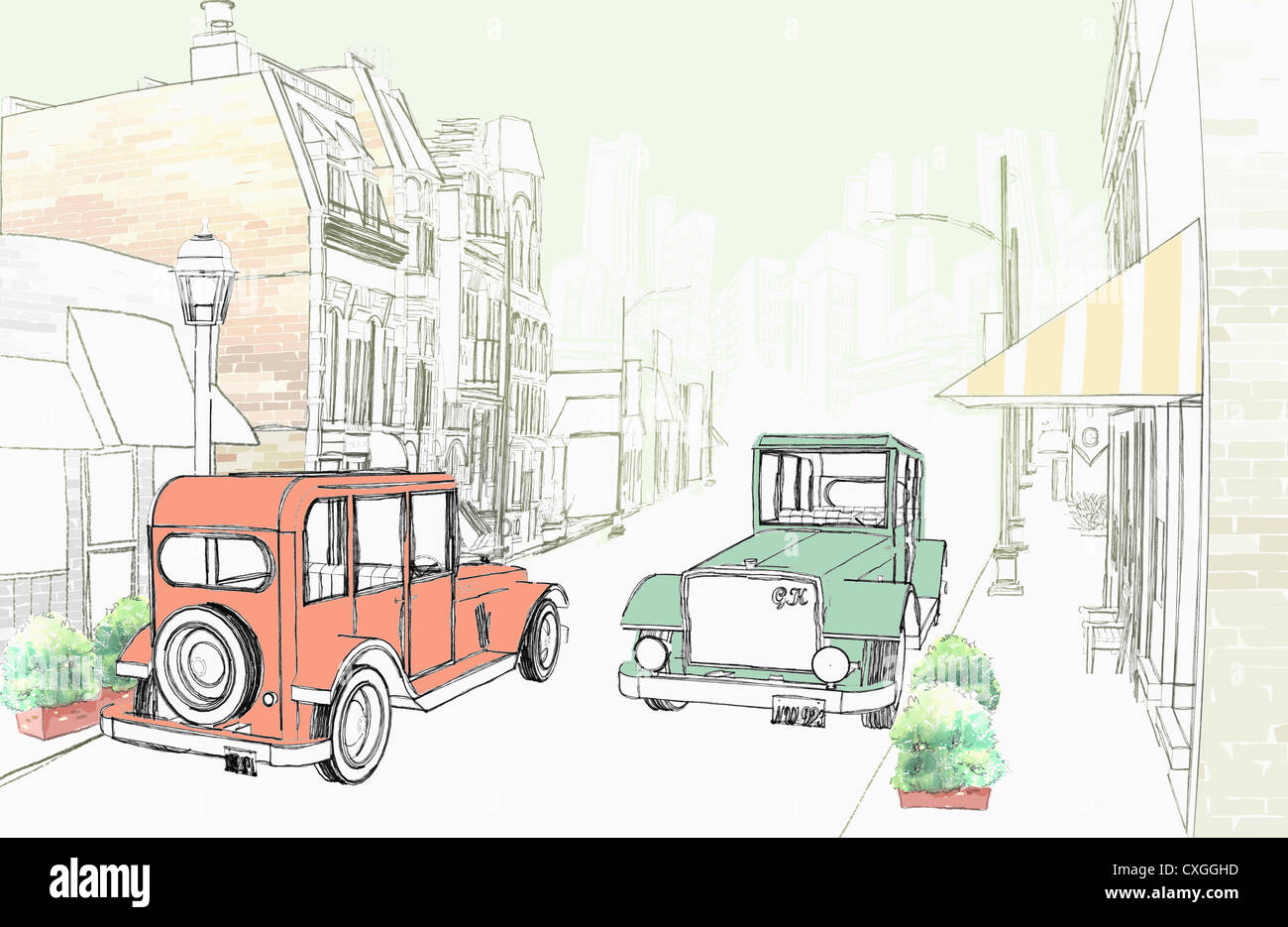 illustration of shops and cars in the street Stock Photo - Alamy