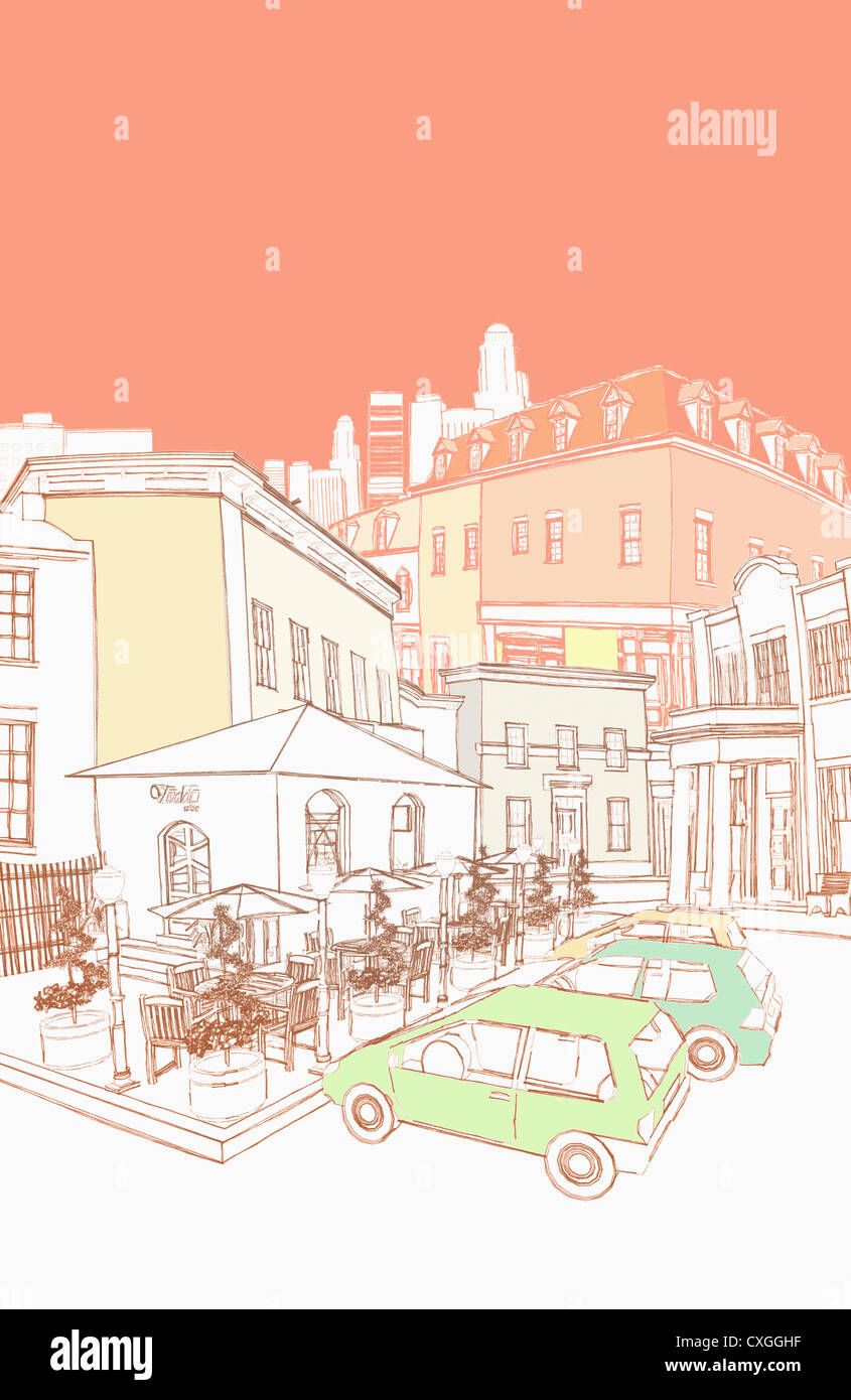 illustration of shops and cars in the street Stock Photo - Alamy