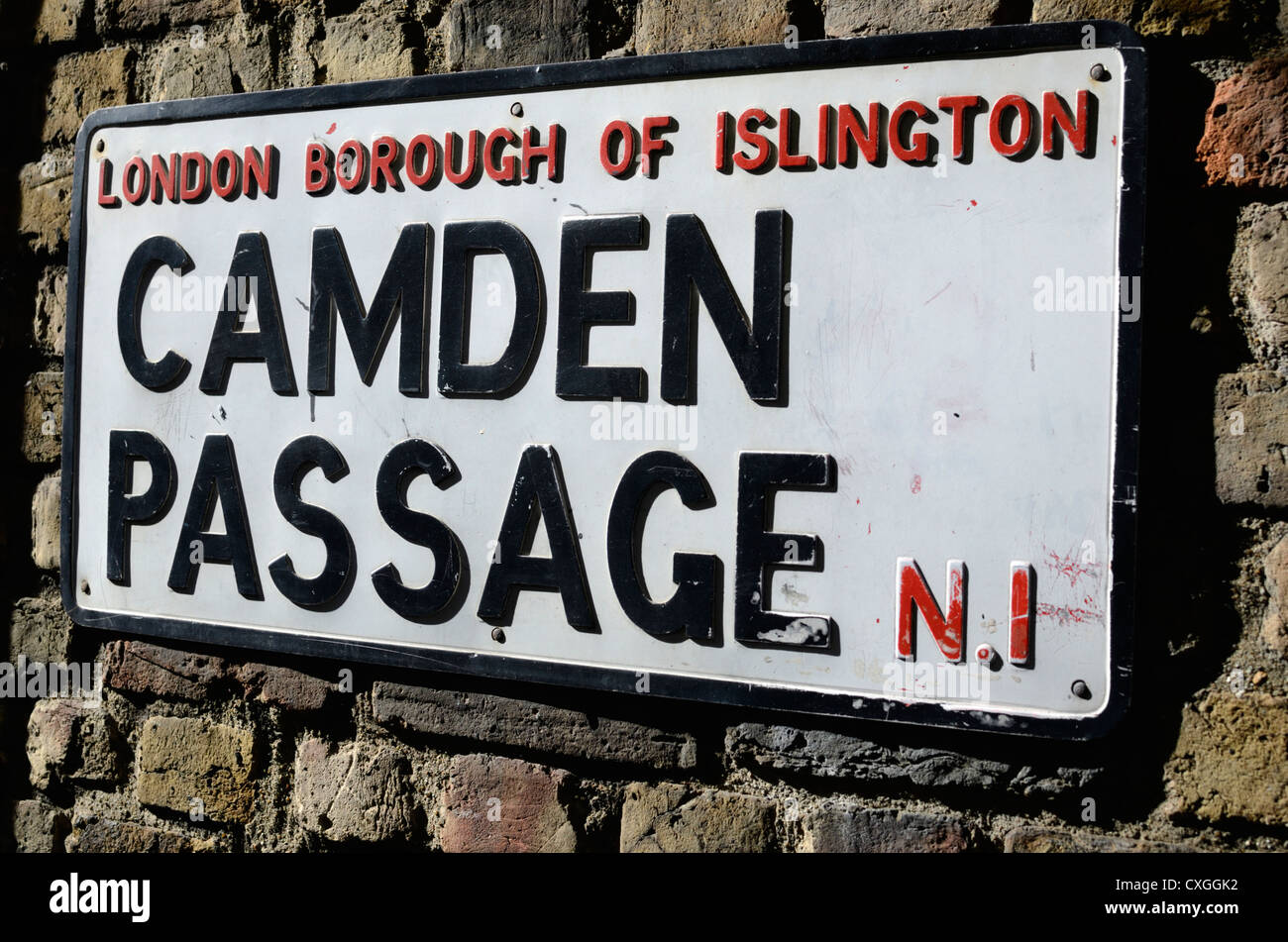 Camden Passage N1 street sign on a brick wall, Islington, London ...