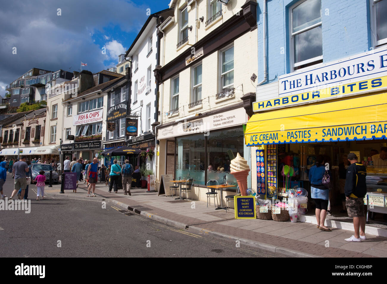 Brixham waterfront shops, South Devon, England, United Kingdom Stock ...