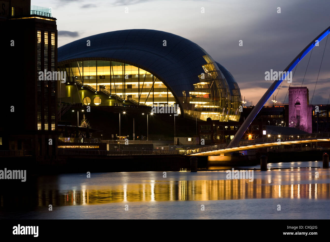 The Sage Gateshead on the banks of the River Tyne at night, a custom ...