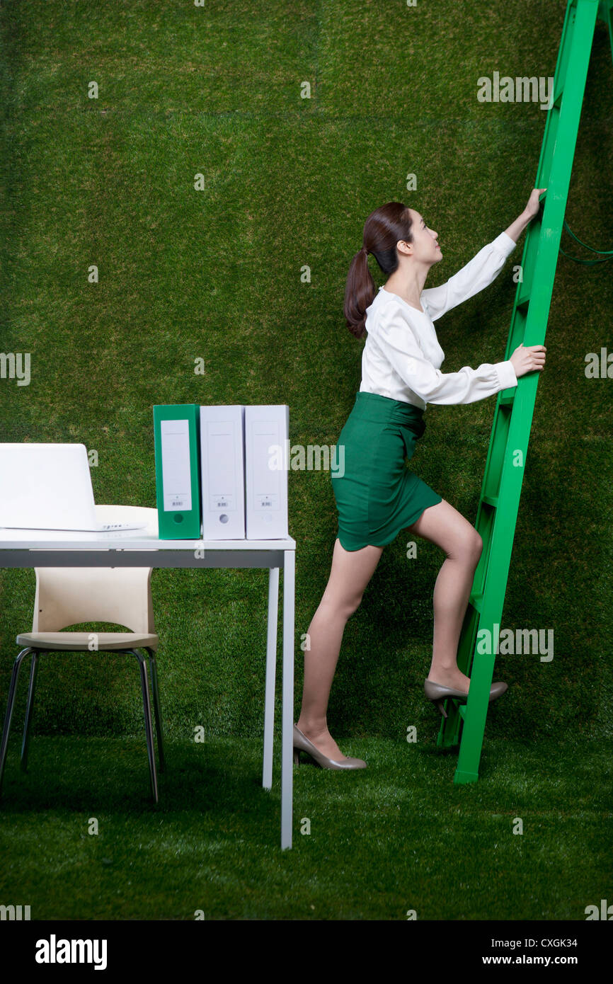 woman climbing the ladder next to the desk Stock Photo - Alamy