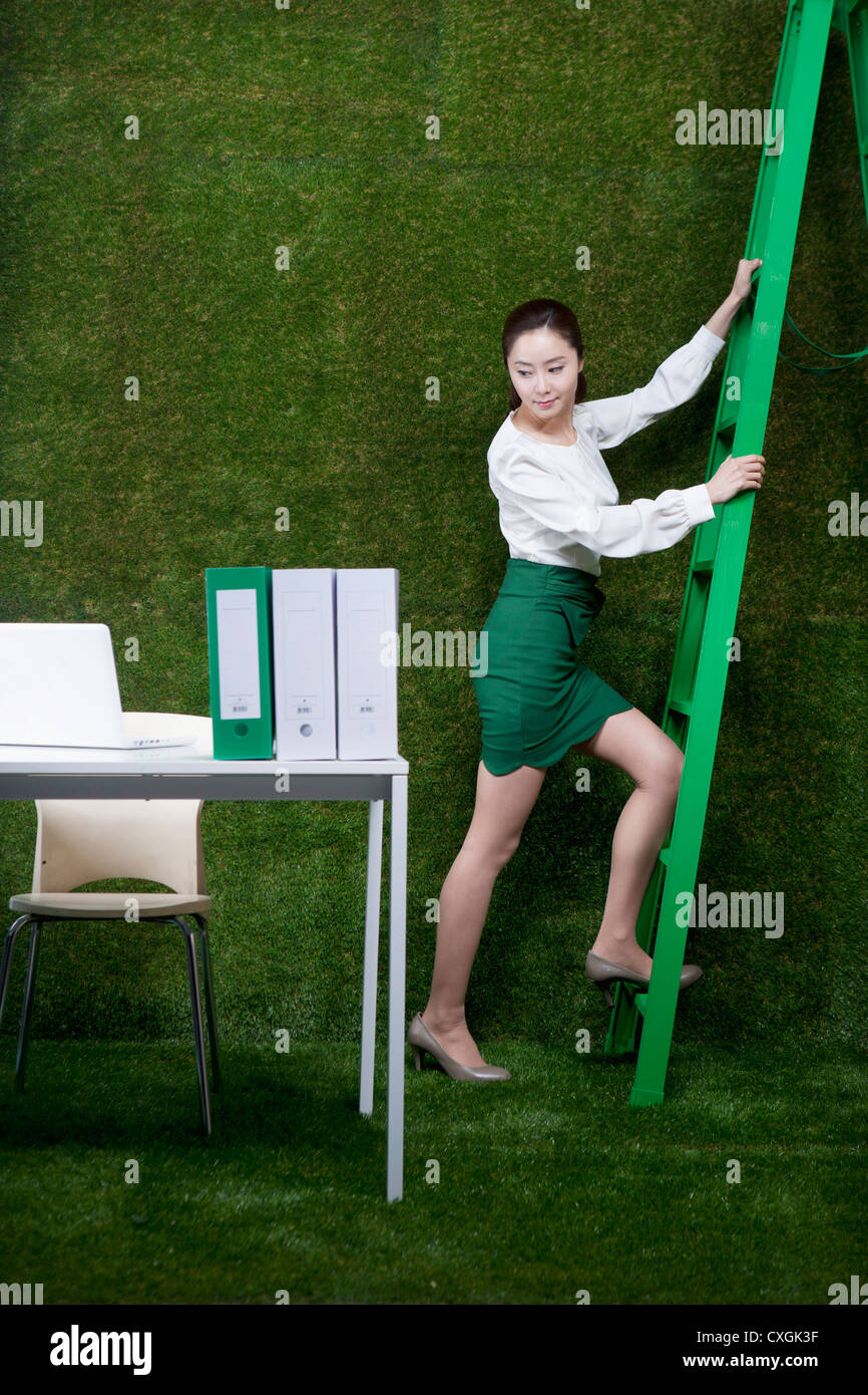woman climbing the ladder next to the desk Stock Photo - Alamy
