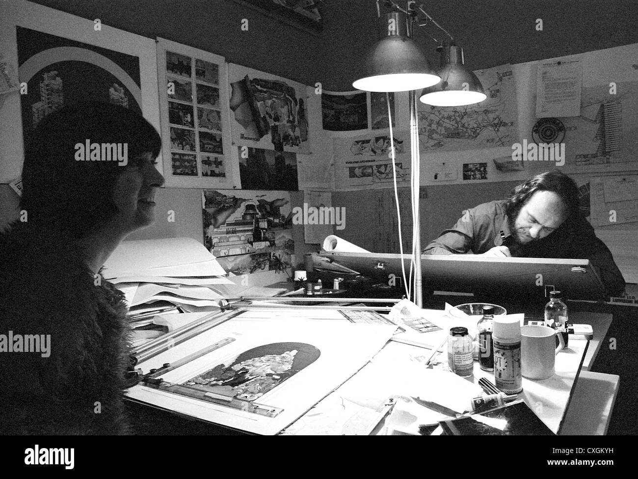 Archigram Architects member Ron Herron at his drawing board in the ...