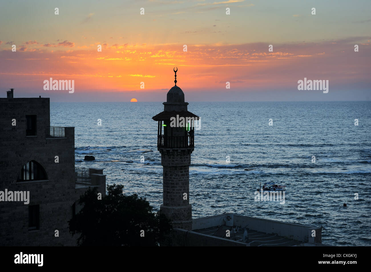 The sea, the houses and trees of Old Jaffa Stock Photo - Alamy