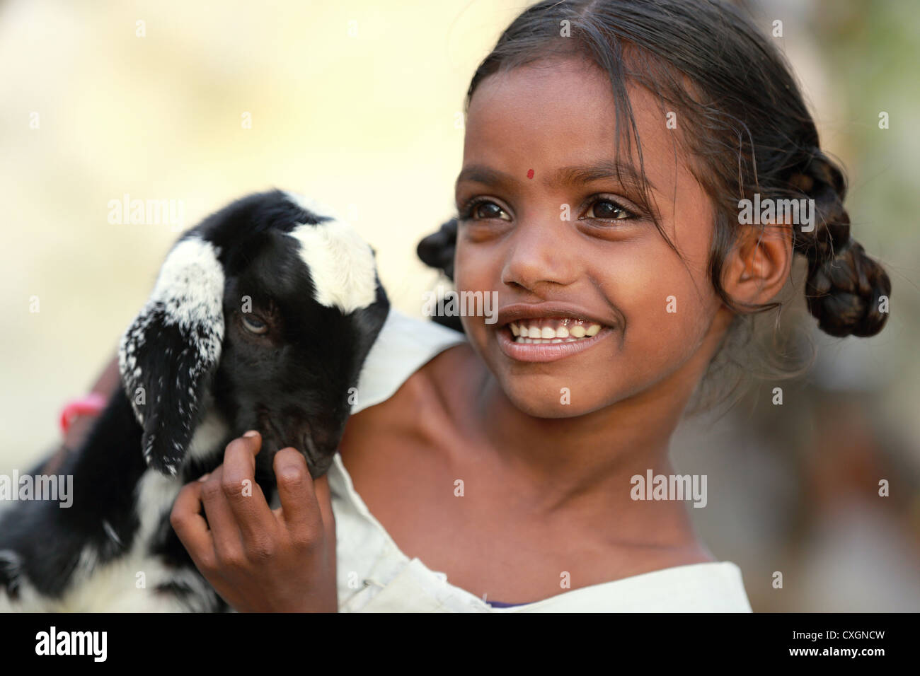 Indian school girl playing with her pet goat Andhra Pradesh South India ...
