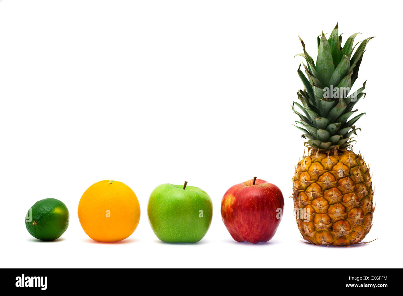 Row of fresh ripe fruits isolated on white background Stock Photo - Alamy