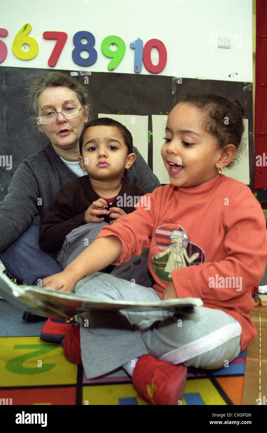 Children being read to by female teacher in Nursery School Stock Photo ...