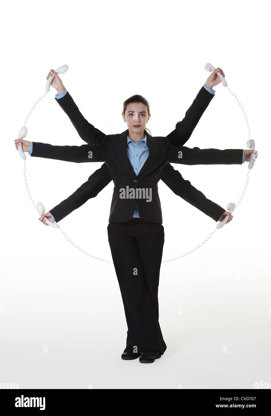 woman with many arms holding telephone Stock Photo - Alamy