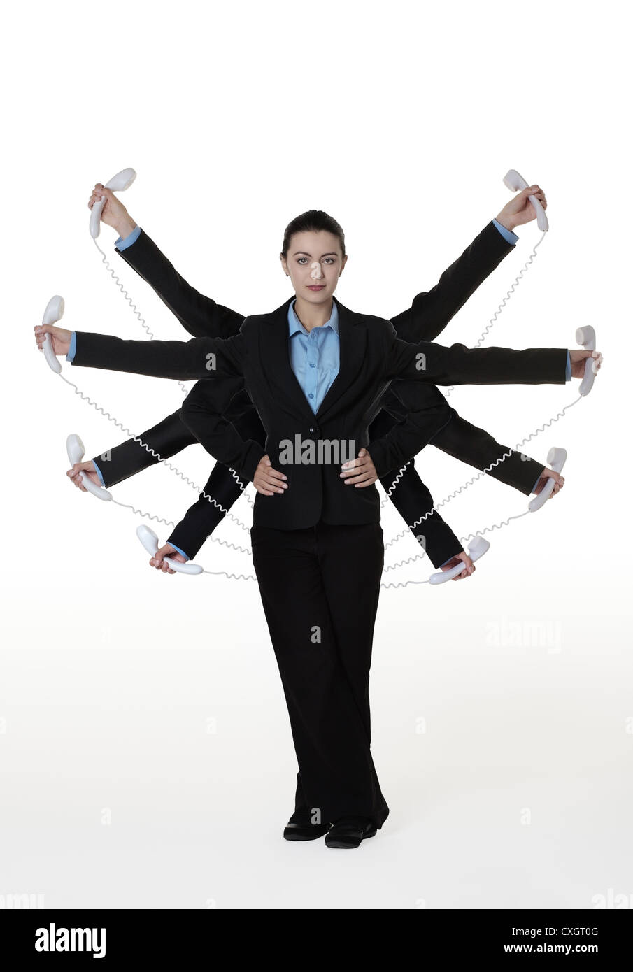 woman with many arms holding telephone Stock Photo - Alamy
