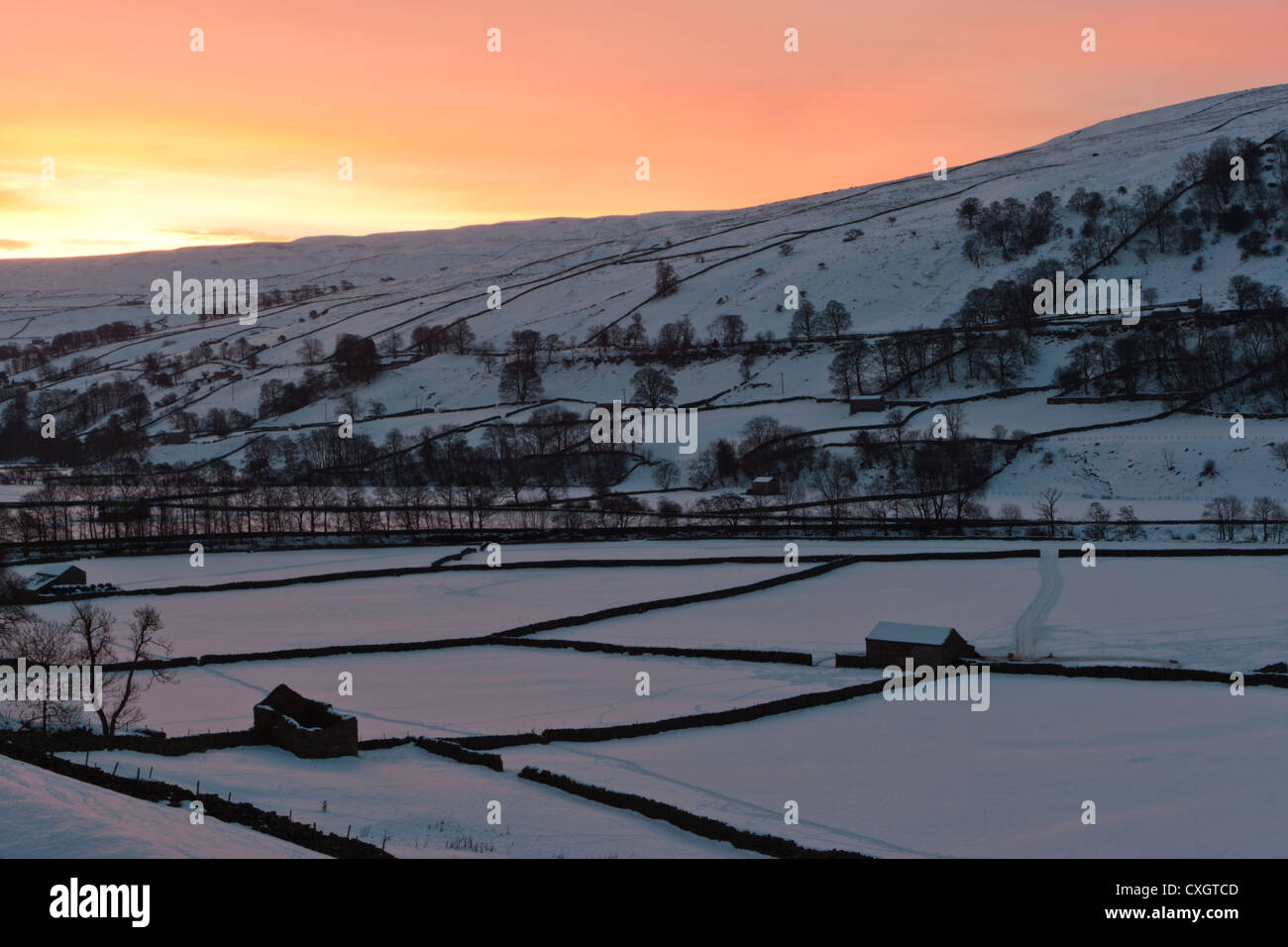 Gunnerside barns in winter, Yorkshire Dales, sunrise Stock Photo - Alamy