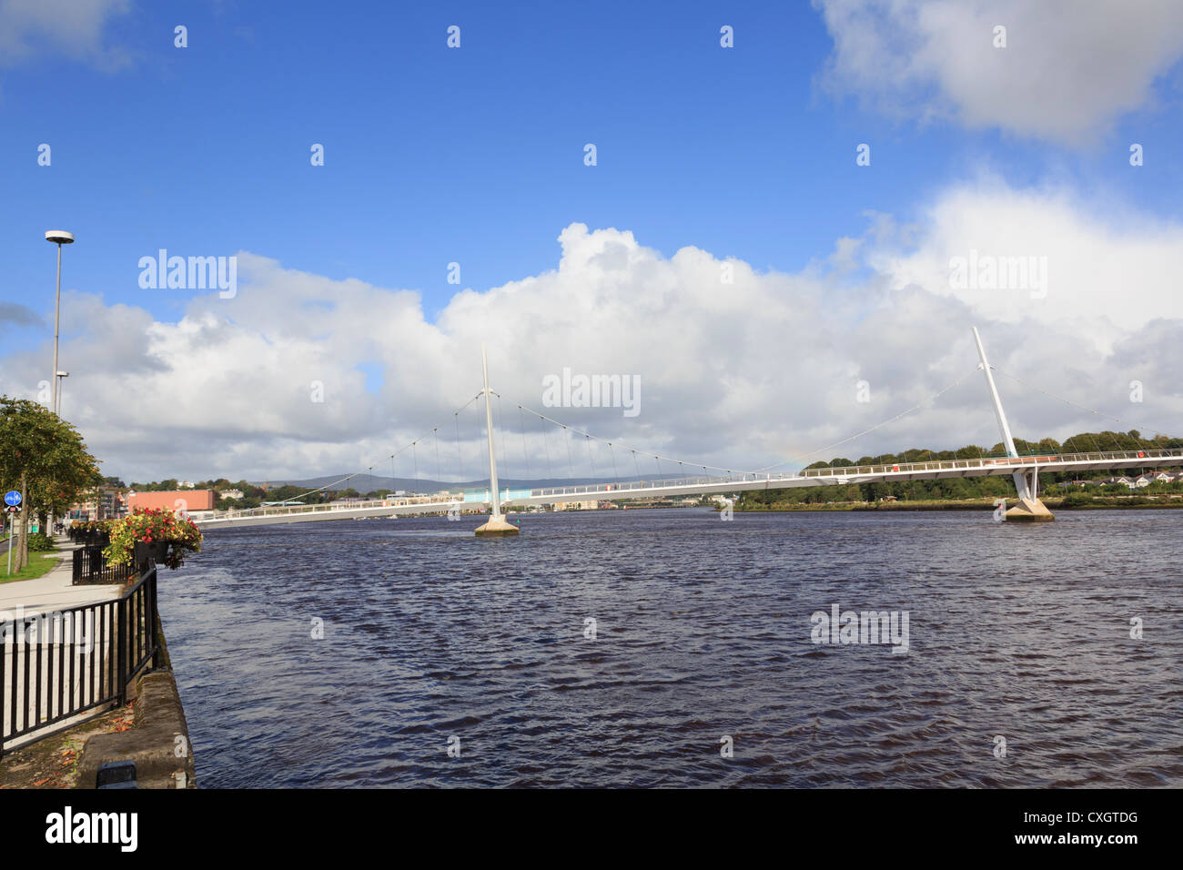 Peace bridge over River Foyle from cityside on west to Waterside on ...